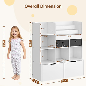 IDEALHOUSE Kids Bookshelf with Drawers 47.8in Toy Storage Organizer Modern Bookcase with Cubbies White Floor Storage Cabinet Wooden Toy Chest Playroom, Classroom, Nursery, Kids Room