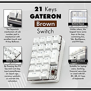Qisan Mechanical Numeric Keypad GATERON Brown Switch Wired Crystal Case White Backlit Gaming Keypad 21 Keys Mini Numpad Portable Mechanical Numpad Extended | Laptop Accessories | keypad for Computer