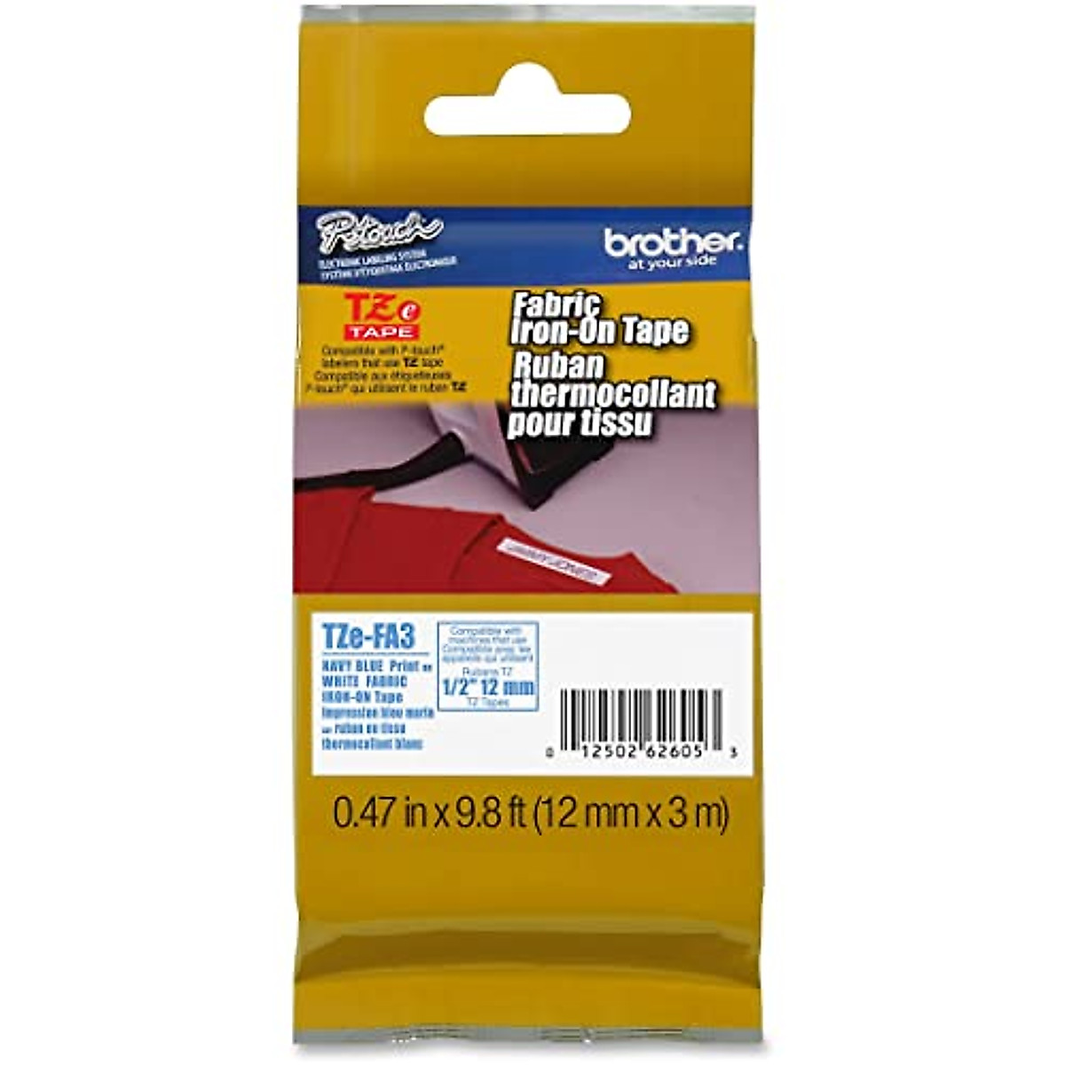 Brother TZFA3 1/2" Navy Blue on White Fabric Iron-on Tape (9.8 ft)