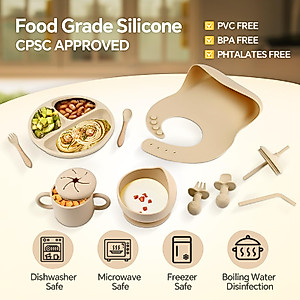 SHGMEET Silicone Baby Feeding Set, Baby Feeding Essentials, Baby Suction Bowl, Plates, Bib, Spoons set, Baby Led Weaning Supplies to Develop Self-feeding Skills, Dishwasher Safe (Beige)
