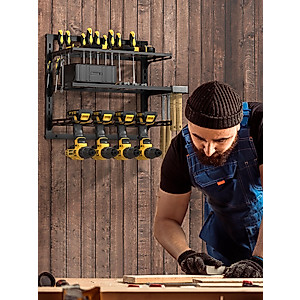 Power Tool Organizer Wall Mount, Tool Storage Rack with 4 Drill Holder, Tool Holder Bears 35lbs, Tool Shelf with Screwdriver, 3-Tier Adjustable Height Tool Rack for Garage Organization and Workshop