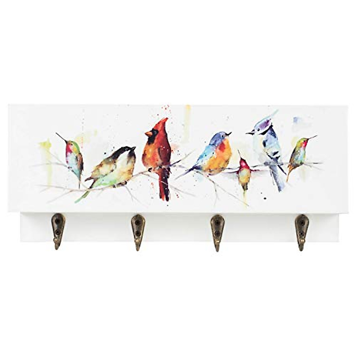 DEMDACO Dean Crouser Little Birds On A Branch Cardinal Nuthatch Bluejay Watercolor 10 x 4 Wood Mail Storage Organizer with Key Hooks