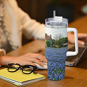 furenan Bluebonnets 40oz Tumbler With Handle And Straw Lid Stainless Steel Double Wall Vacuum Insulated Tumbler Travel Mug Straw Covers Cup For Water Iced Tea Or Coffee