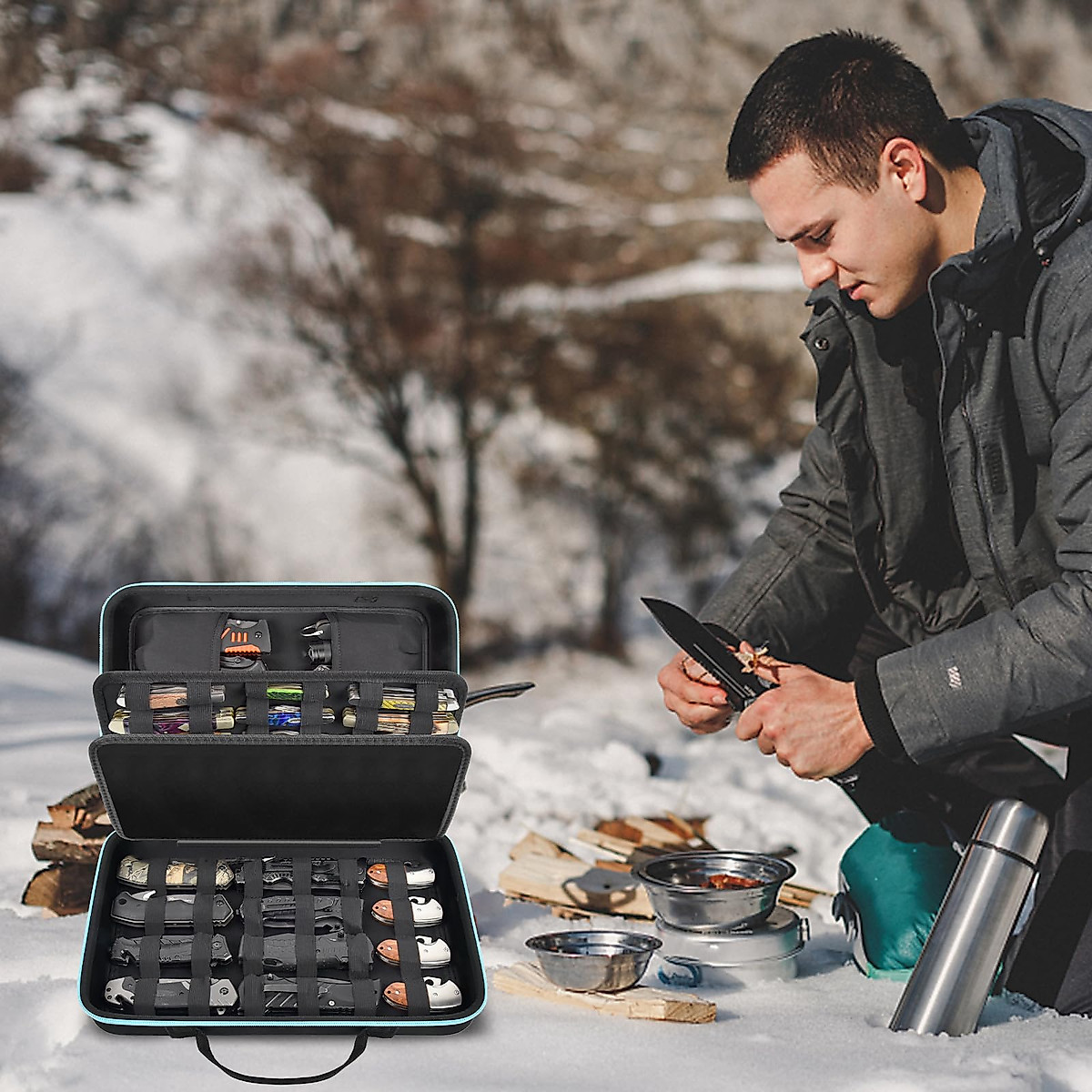 Knife Display Case for 45+ Pocket Knives, for Butterfly Knife Storage Bag, Folding Knives Organizer Holder Box, Knives Collection Protector for Survival, Tactical, Outdoor, Kitchen, EDC Mini Knife