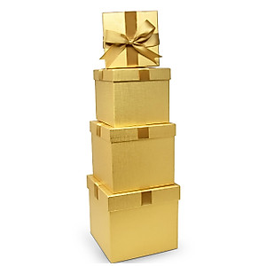 Gold Square Christmas Gift Boxes with Ribbon Bow Set Of 4 Assorted Sizes Reusable Cardboard Stacked Nesting Box with Lids for Gift Giving Holiday Decorative Gifts Present Wrapping