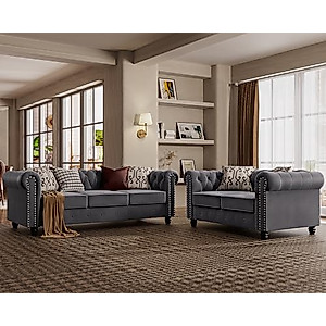 Morden Fort Classic Chesterfield Loveseat Set 60'', Tufted Loveseat Sofa Set with Solid Wood Legs Thick Cushion, Pet-Friendly 2-Seater Sofa Couch for Living Room Bedroom Apartment - Velvet Grey