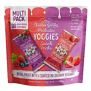 Nature's Garden Probiotic Yoggies Multi Pack, 21oz (Strawberry Yoggies 15x0.7 oz +Mixed Berry Yoggies 15x0.7 oz), Strawberry and Mixed Berry Yogurt Covered Snack, High Fiber, Real Fruit Pieces, No Artificial Ingredients, Healthy Snack for Adults