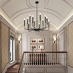 WOKNOS Modern Black Farmhouse Chandeliers, 12-Light Industrial Metal Chandelier Lighting, Classic Candle Hanging Pendant Light Fixtures for Living Room, Dining Room, Kitchen, Bedroom, Entryway-UL