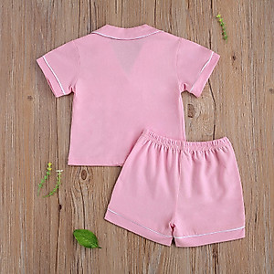 BULINGNA Kids Toddler Baby Girl Summer Two Piece Pajamas Set Short Sleeve Button Down Top with Shorts Pink