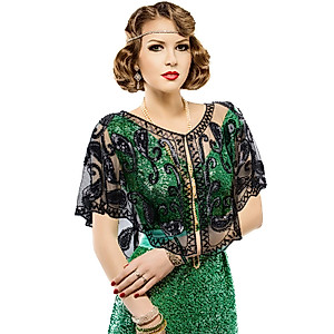 SATINIOR Women's 1920s Sequin Shawl Wrap Bridal Shawl Cover up Beaded Evening Cape (Black)