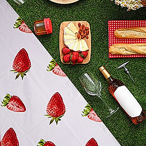 Tegeme Strawberry Tablecloth Birthday Party Decorations Strawberry Tablecovers Plastic Tablecloth for Party Berry First Birthday Baby Shower Decor, 51 x 87 Inch(2 Pieces)