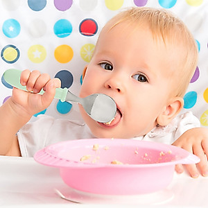 16 Pieces Toddler Fork and Spoon Silverware Set Stainless Steel Baby Utensils Round Handle & Tines for Safe Baby Toddler Self Feeding