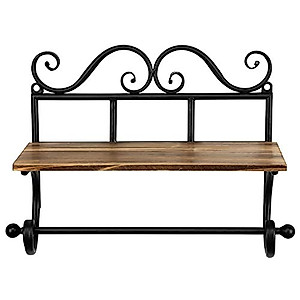 MyGift Wall Mounted Black Metal Kitchen Paper Towel Holder and Burnt Solid Wood Storage Display Shelf Spice Rack with Vintage Scrollwork Design