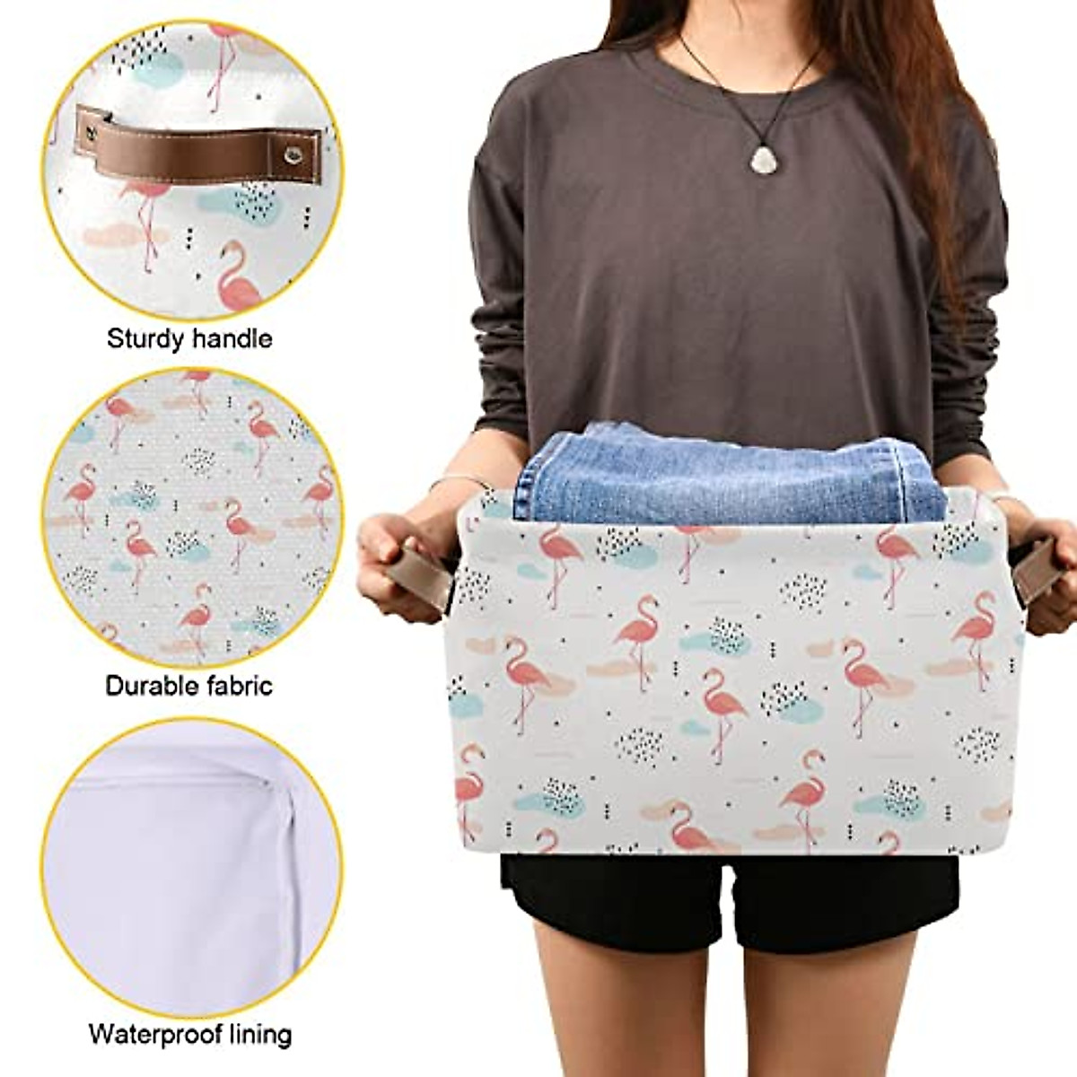 ALAZA Pink Flamingo White Large Storage Baskets with Handles Foldable Decorative 2 Pack Storage Bins Boxes for Organizing Living Room Shelves Office Closet Clothes