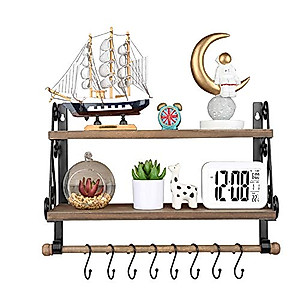 Halcent Floating Shelves Wall Mounted Storage Shelves, 2-Tier Rustic Farmhouse Wood Wall Shelf Kitchen Spice Rack Bathroom Shelf with Towel Bar and 8 Hooks