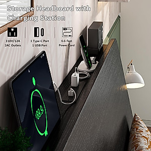 iPormis Metal Twin Bed with Ergonomic Wooden Headboard, Platform Beds with LED Lights and Charging Station, Sturdy Steel Slats Supports, No Box Spring Needed, Noise-Free, Easy Assembly, Black