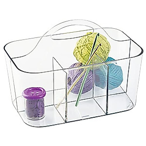 mDesign Plastic Portable Craft Storage Organizer Caddy Tote, Divided Basket Bin with Handle for Crafts, Sewing, Art Supplies - Holds Brushes, Colored Pencils - Lumiere Collection - 2 Pack - Clear