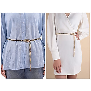 Ayliss Women Chain Waist Belt Metal Skinny Dress Belt Cinch Fashion Silver Golden Waist Belt Belly Pu Leather Waistbands (Golden, Fit waist size 26''-30.7'')