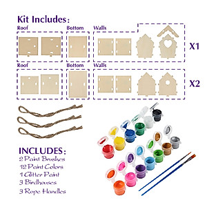 DIY Bird House Kit for Kids, Build Your Own Bird House Kit for Children, Includes 3 Unfinished Birdhouses to Paint and Build, Ropes, 12 Paints, Glitter Paint, and 2 Brushes, Arts and Craft Kids Set