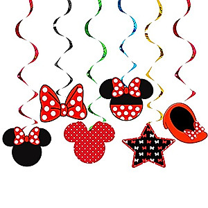 24CT Red Black Min Mouse Hanging Swirls Decorations,Red Mouse Hanging Swirls Ceiling Streamer Decor For Baby Shower Min Themed Mouse Birthday Party Decorations Supplies