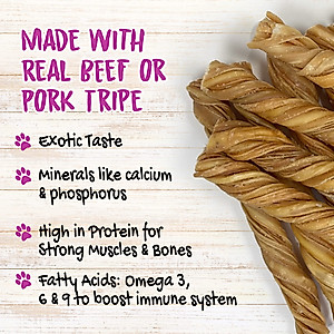 Chewer's Joy Tripe Twist 15pk 6-7in, Premium Quality, High in Protein for Strong Muscles and Bones, Minerals Like Iron & Zinc Naturally Present to Help Boost Immune System. Long Lasting chew