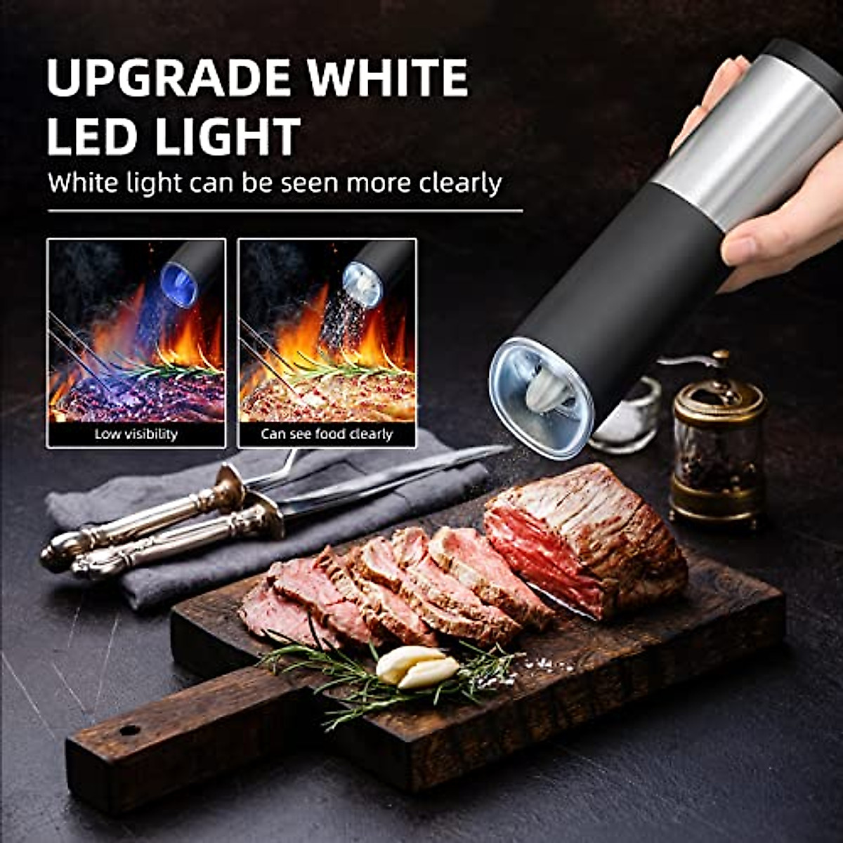 Rocyis USB Rechargeable Electric Salt and Pepper Grinder-Gravity Automatic Spice Mill w/LED Light, Adjustable Coarseness, One Hand Operated Smart Kitchen Gadgets, Silver