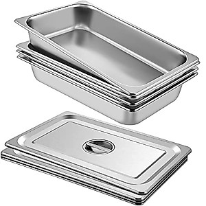 Mophorn 4 Pack Hotel Pan 3.7" Deep Steam Table Pan Full Size with Lid 20.8" L x 13" W Hotel Pan 22 Gauge Stainless Steel Anti Jam Steam Table Pan