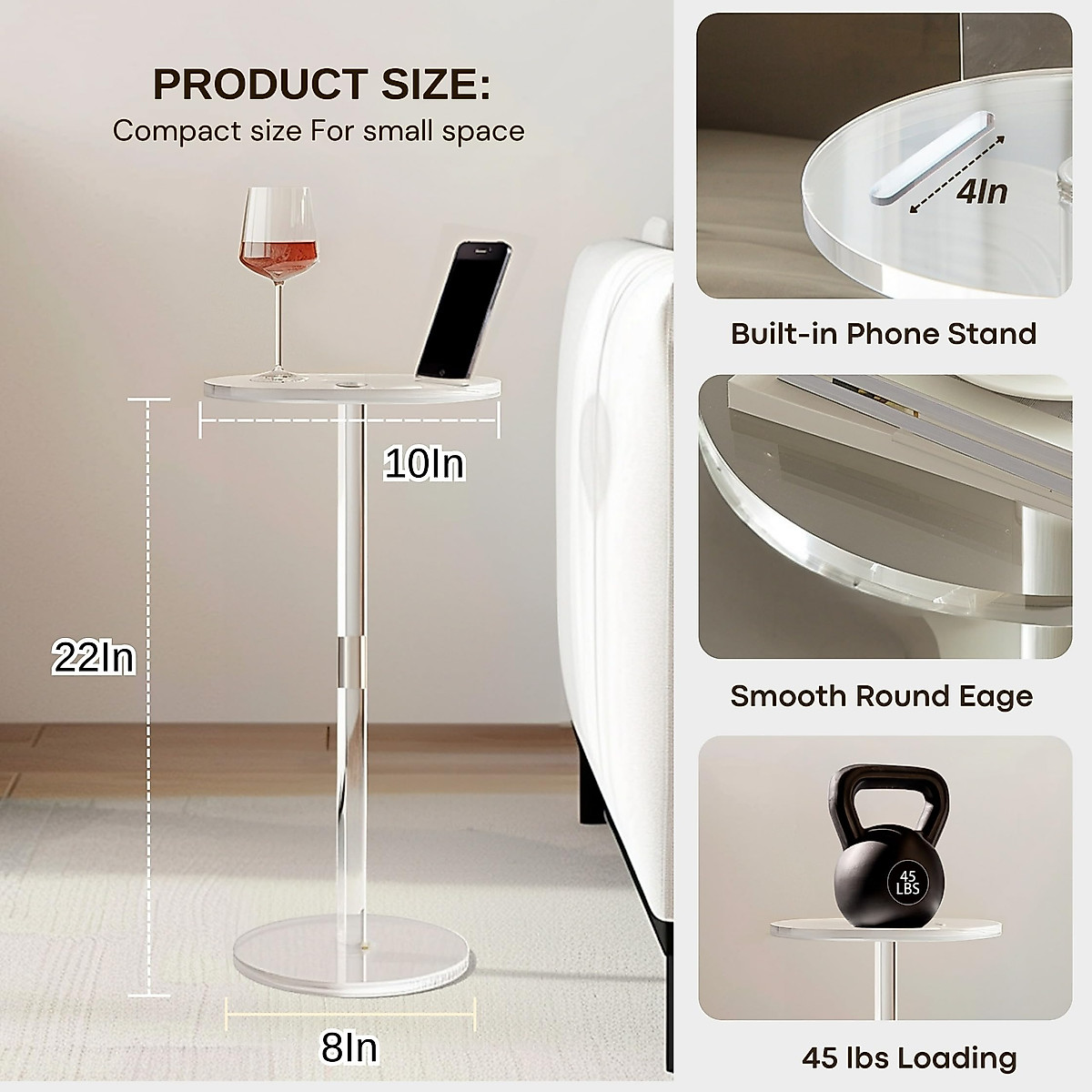 Acrylic Drink Table, Small Round Side Table for Small Space, Pedestal End Table with Phone Holder, Multi-Use Modern Accent Table, Martini/Cocktail Table for Living Room, 10"X21" Easy Assembly