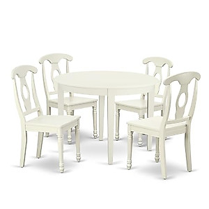 East West Furniture BOKE5-LWH-W 5 Piece Kitchen Table Set for 4 Includes a Round Dining Room Table and 4 Solid Wood Seat Chairs, 42x42 Inch, Linen White