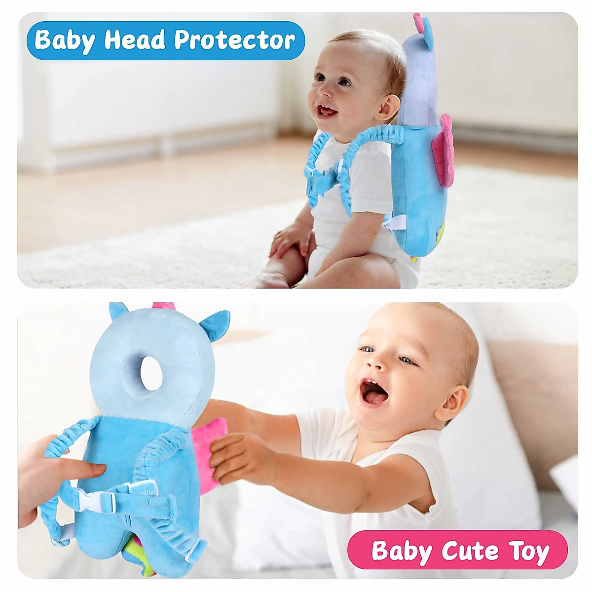 shuangjishan Baby Head Protector & Baby Knee Pads Crawling Adjustable Toddler Head Protection Cushion (Blue Unicorn)