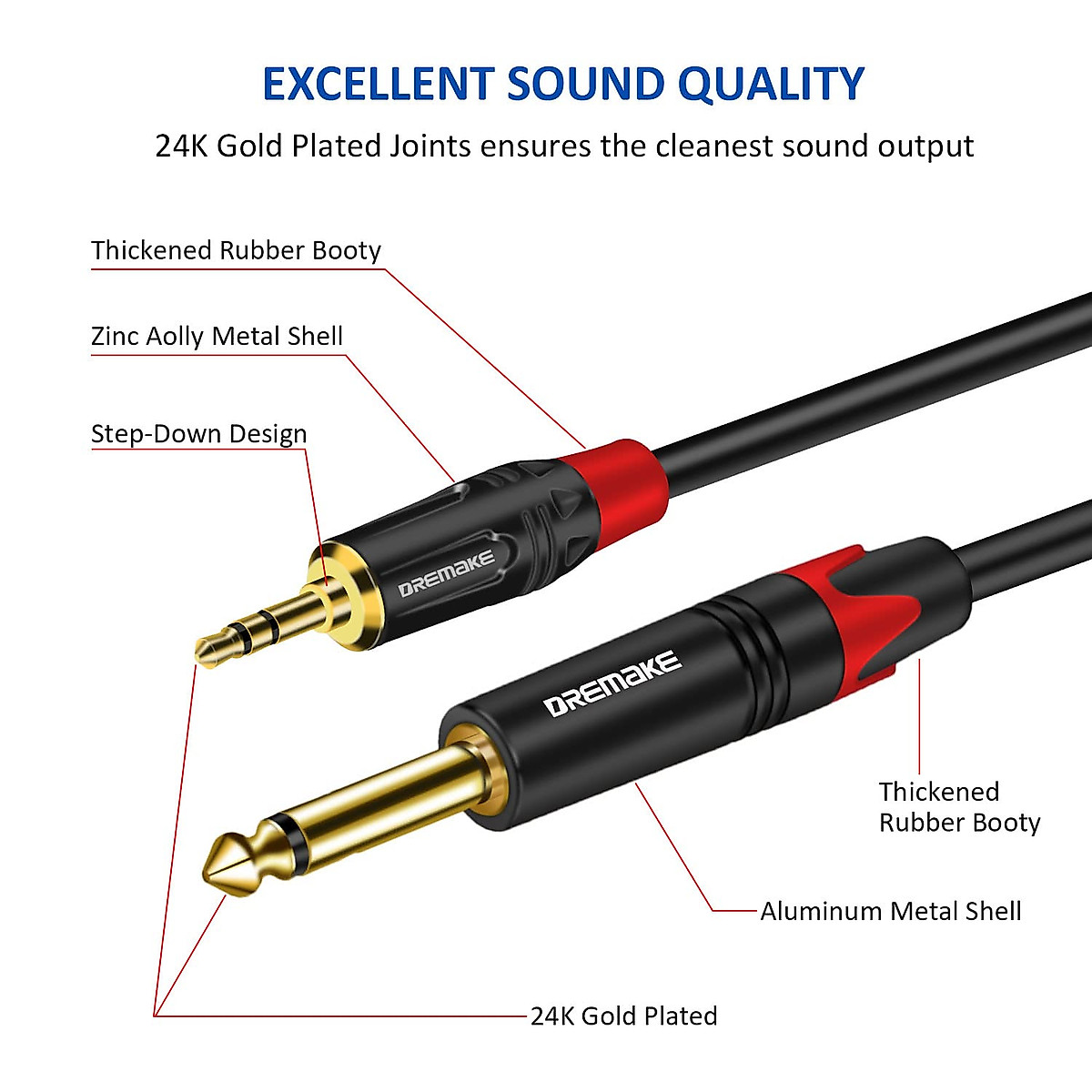 DREMAKE Mono 6.35mm to 3.5mm Stereo Audio Cable 3FT, Stereo 3.5mm Plug to TS 6.35mm Patch Cord, TS 1/4 Inch 6.35mm Male to 1/8 Inch 3.5mm Male Interconnect Cable for Phones, Sound Card, PA Audio