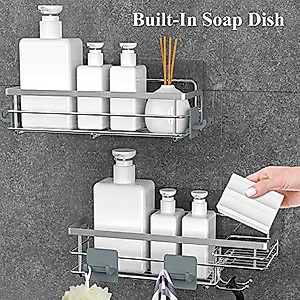 Nieifi Shower Caddy with Built In Soap Holder Dish with Hooks, Shower Shelf Organizer Basket Rack Storage Rustproof Adhesive Washroom Bathroom Shelves, Drill Free 2 Pack