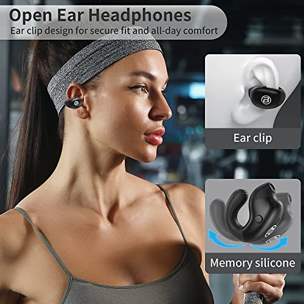 BUGANI Bluetooth Headphones, Open Ear Wireless Bluetooth 5.3 Headphones, Open Ear Clip Earbuds with Stereo Sound, 30H Playtime, Built-in Mic for Clear Calls, Waterproof Headphones for Sport Running