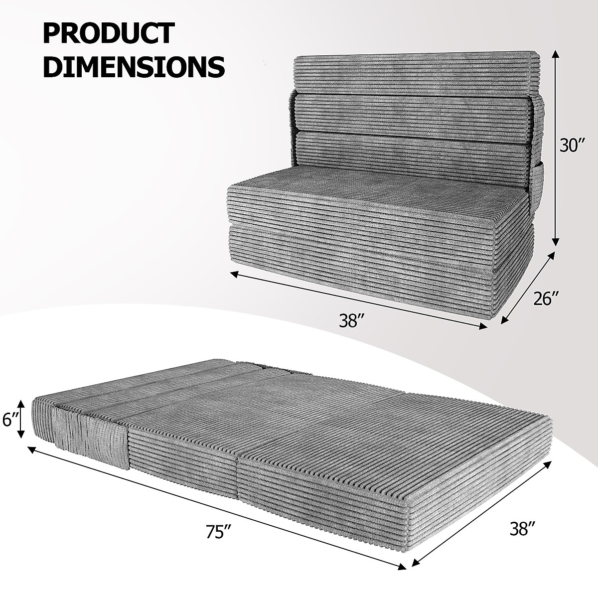 Slumbrae Folding Sofa Bed, 6" [Twin] Foldable Sofa Mattress with Back Support & Fixed Velcro for Living Room & Office, Grey, 75" * 38"