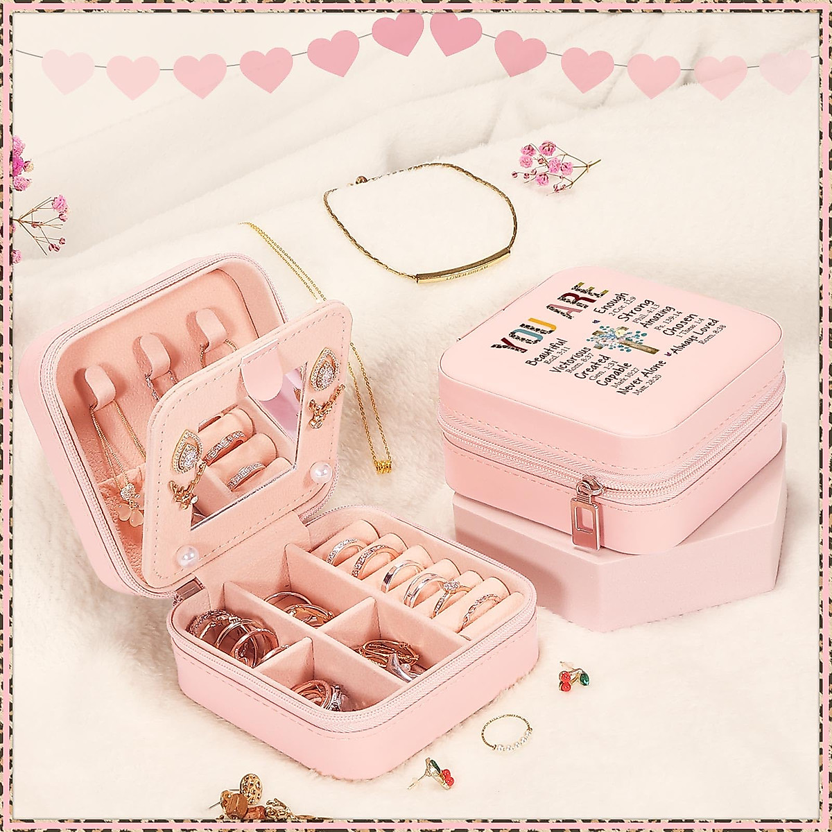 GevGuxLuo Pink Contemporary Jewelry Box, Lightweight & Removable, Zipper Closure, Fabric-lined, Table Top, Birthday Gift for Women, Teens & Girls