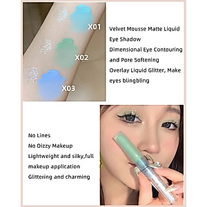 LYSdefeu 2 in 1 Long Lasting Glitter Liquid Matte Eye shadow, Green Blue Shimmer Liquid EyeShadow Kit – 3 Pcs High Pigmented Velvet Cream Eyeshadow Eyeliner Stick, Create Korean Eye Makeup