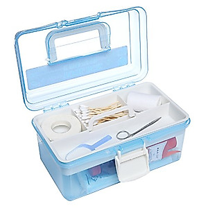 MyGift 10 Inch Portable Transparent Blue Plastic Storage Case Tool Box Sewing Box Organizer Travel Kit Box with Removable Tray, Clear Lid and Top Handle