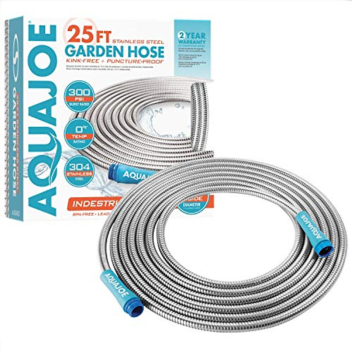 Aqua Joe AJSGH25 1/2-Inch Heavy-Duty, Puncture Proof Kink-Free, Spiral Constructed 304-Stainless Steel Metal, Garden Hose, 25-Foot