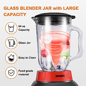 JUSANTE Blender, Countertop Blender for Smoothies with 64 oz Glass Jar Kitchen, 1200 Watts High Speed Juicer Blender Ice Crusher for Shakes Frozen Drinks (Red)