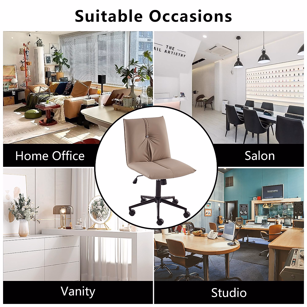 YOUNIKE Ergonomic Armless Office Chair 360°Swivel Home Desk Chair with Wheels and Back Support for Study Room, Height Adjustable Rolling Chair for Bedroom, Khaki