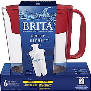 Brita Water Filter Pitcher for Tap and Drinking Water with 1 Standard Filter, Lasts 2 Months, 6-Cup Capacity, Christmas Gift for Men and Women, BPA Free, Red