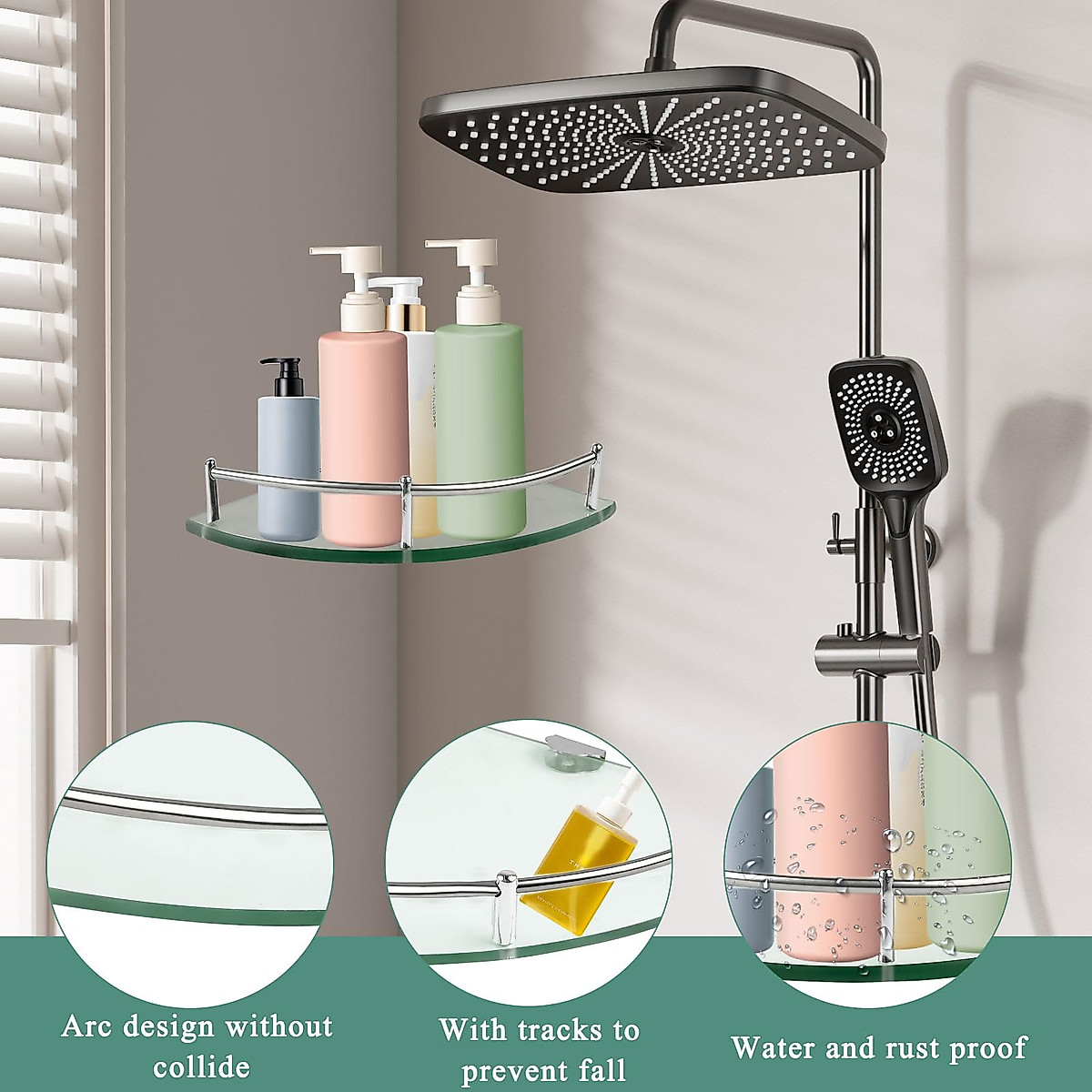 Boocalny 2 Pack Glass Corner Shelf, Corner Shower Shelf with Stainless Steel Rails, Tempered Glass Shower Caddy, Wall Mounted Glass Shelf for Bathroom Organization, 9.25x9.25x0.24in, Silver