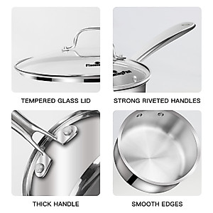 Flamingpan 1.5QT Stainless Steel Saucepan with Glass Lid, Small Pot for Cooking Soups, Sauces, Durable, Rust-Resistant & Non-discoloring Pot with Lid, Sauce Pan & Easy to Clean