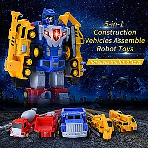 funlarea Toys for 3 4 5 6 7 8 Year Old Boys, Construction Vehicles Transform Robot Kids Toys, STEM Building Toys for Kids Ages 3-8, 5-in-1 Trucks Car Gifts for Boys Girls