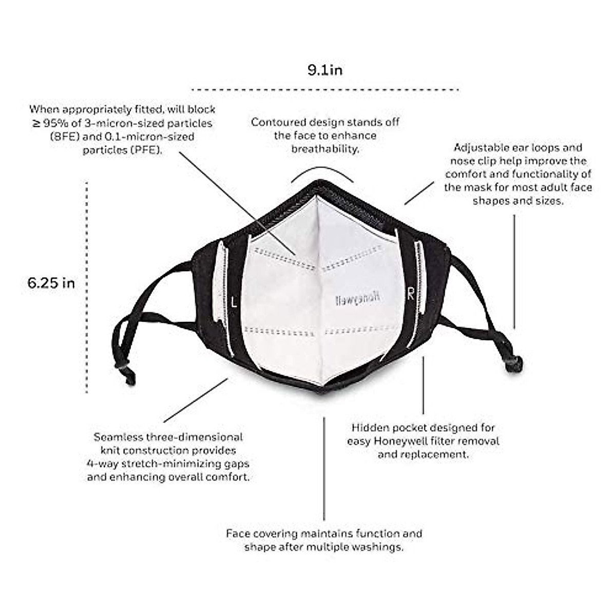 Honeywell Safety Light Gray Dual Layer Face Cover with 8 Replaceable Inserts, Size Youth/Adult Extra Small (RWS-50115)