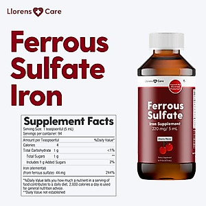 Ferrous Sulfate Liquid Iron Supplement for Adults by Llorens Care - 220 mg in 5 ml Iron Complex Supplement for Anemia and Iron Deficiency. Boost Energy Levels