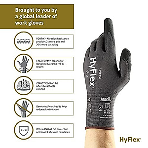 HYFLEX 11-840 Ergonomic Abrasion-Resistant Nylon Spandex Nitrile Coated Industrial Gloves for Automotive, Fabrication - Med (8) Grey (1 Pair)
