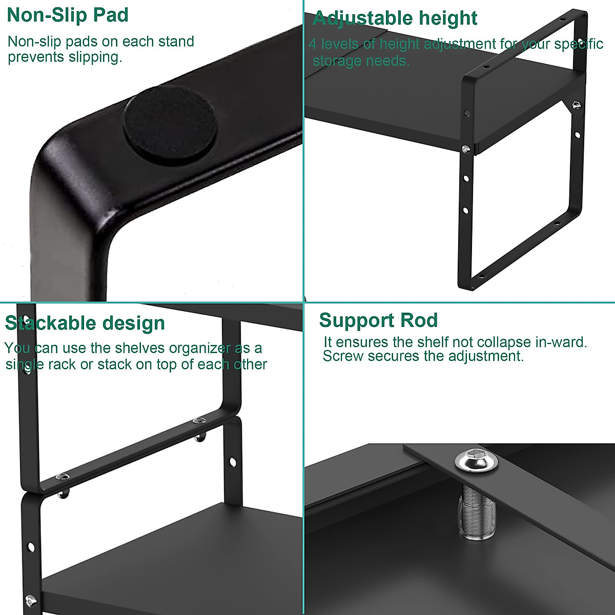 iPEGTOP Expandable Cabinet Storage Shelf Organizer, Heavy Duty Steel Metal Spice Rack Adjustable Height Home Office Garage Pantry Shelf Space Riser for Counter Kitchen Organization, Black, 1 Pack