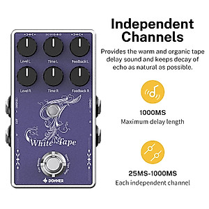 Donner White Tape Stereo Delay Pedal, Analog Delay with Echo Effect, True Bypass, 2 Independent Channels for Electric Guitar, Bass, Synth, Drum Machine