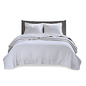Madison Park Keaton Quilt Set-Casual Channel Stitching Design All Season, Lightweight Coverlet Bedspread Bedding, Shams, Twin/Twin XL(68"x90"), Stripe White, 2 Piece